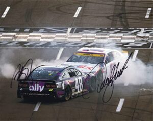 2x autographed alex bowman & denny hamlin 2021 martinsville win denny stops burnout dual signed 8x10 inch picture nascar photo with coa