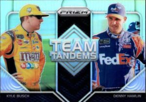 2018 panini prizm team tandems prizm #9 denny hamlin/kyle busch fedex express/joe gibbs racing/toyota/m&m's/joe gibbs ra silver prizm nascar racing tr