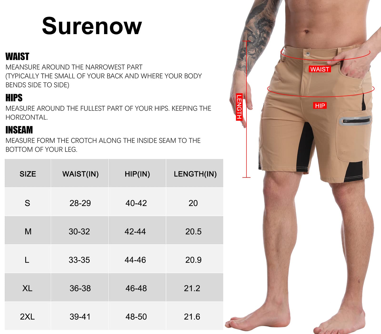 Surenow Men's Hiking Cargo Shorts Lightweight Quick-Dry Shorts Summer Outdoor Fishing Shorts Camping Travel Shorts for Men Khaki