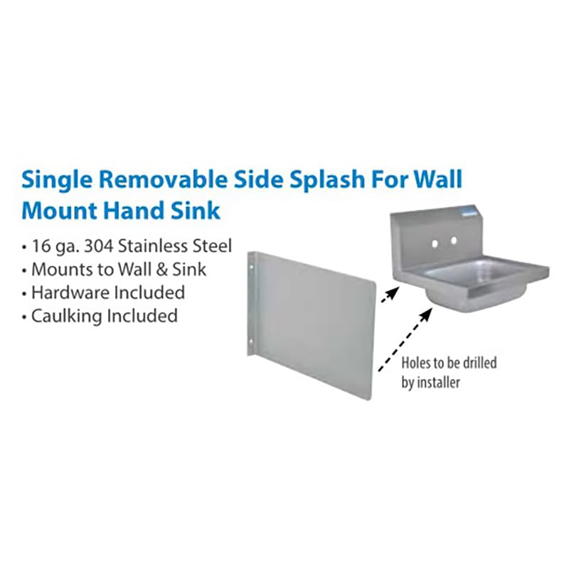 BK Resources Universal Side Splash, Fits 10x14" Deck Mounted Hand Sinks, T-304 16 ga. Stainless Steel, 17"W x 9-1/2"H, Mounts to Wall & Sink