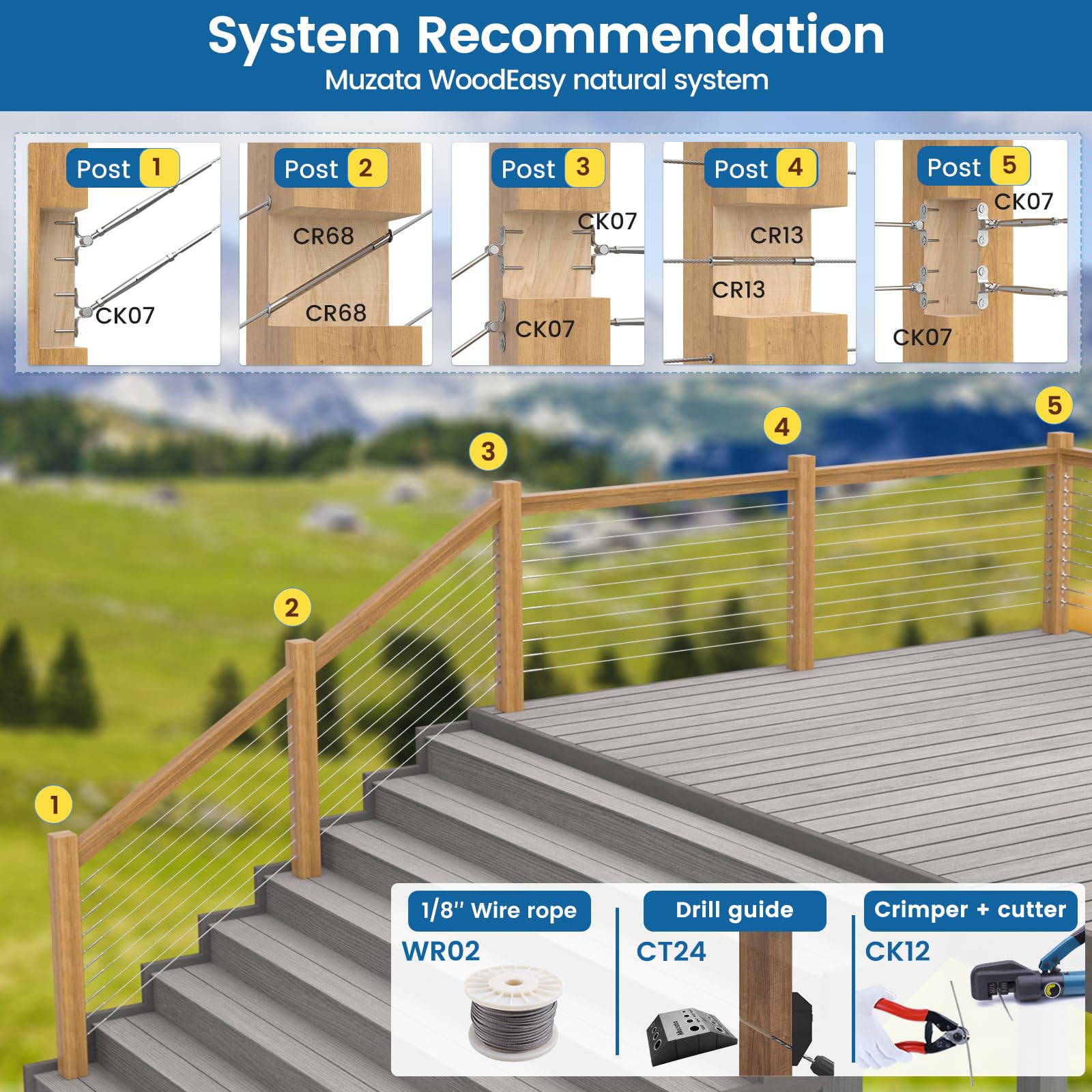 Muzata 16Pairs Cable Railing Kit 1/8" Swage Toggle Turnbuckle Hardware T316 Stainless Steel for Wood Post WoodEasy System Angle 180° Adjustable Stairs Deck 16 Cable Lines CK07 NN1,CA4 CA5