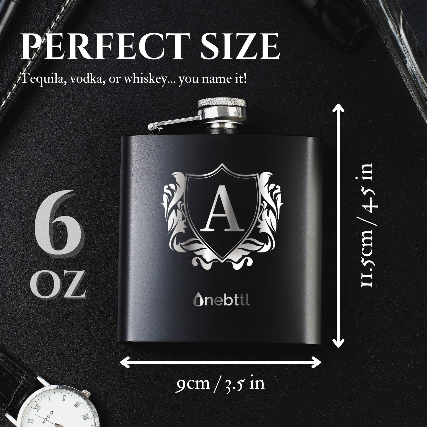 Onebttl Flasks for Liquor with Initials, Monogrammed Stainless Steel 6oz Hip Flask for Men Women, Funny Personalized Gift for Dad, Grandpa, Boss for Birthday, Father's Day, Boss Day, Christmas - C