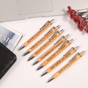 Lestp 7Pcs Funny Work Pens for Adults Funny Sarcastic Gifts Funny Bamboo Pens Swear Word Daily Pen Set Seven Days of The Week Pens The Office Gifts for Women Men Coworkers Funny Desk Accessories