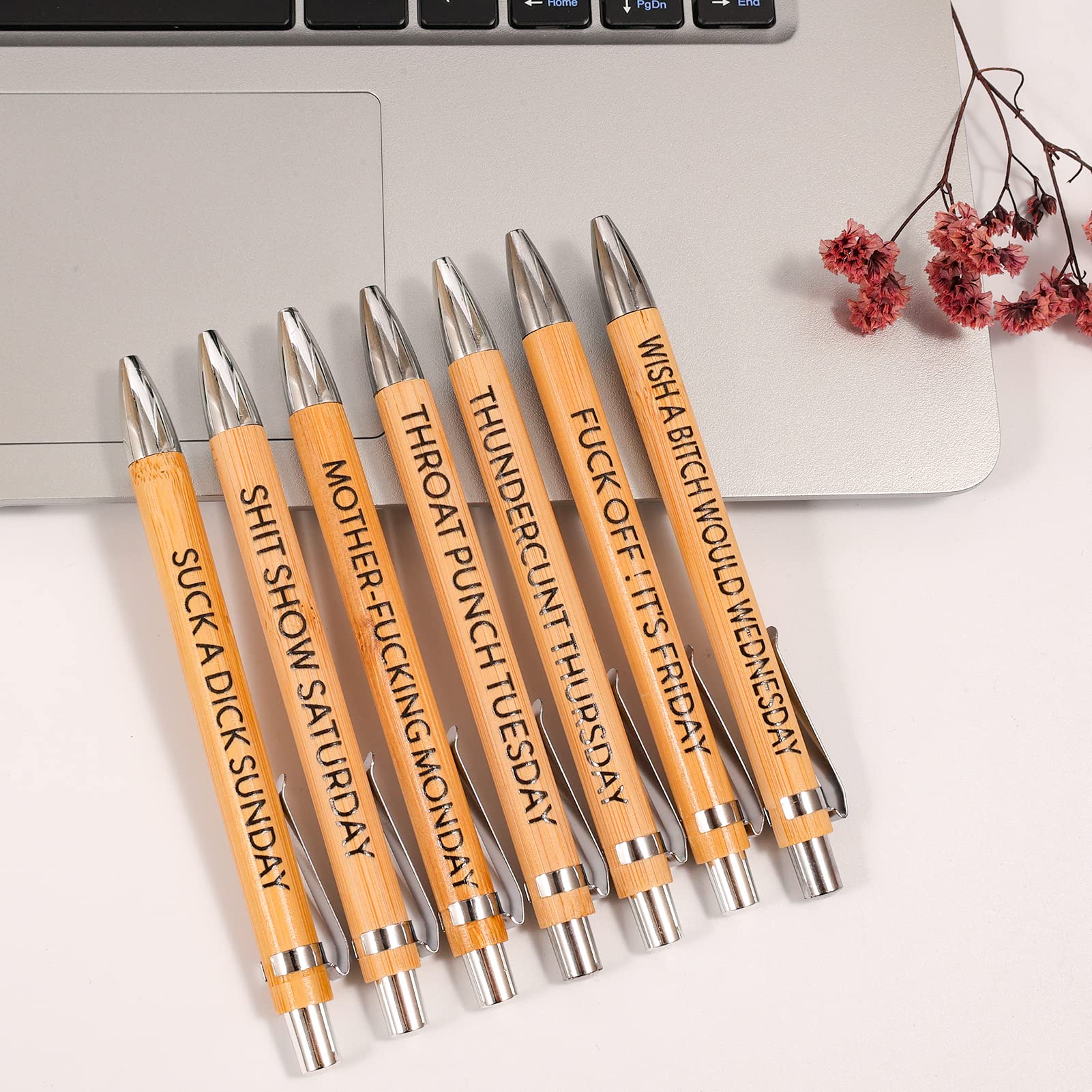 Lestp 7Pcs Funny Work Pens for Adults Funny Sarcastic Gifts Funny Bamboo Pens Swear Word Daily Pen Set Seven Days of The Week Pens The Office Gifts for Women Men Coworkers Funny Desk Accessories