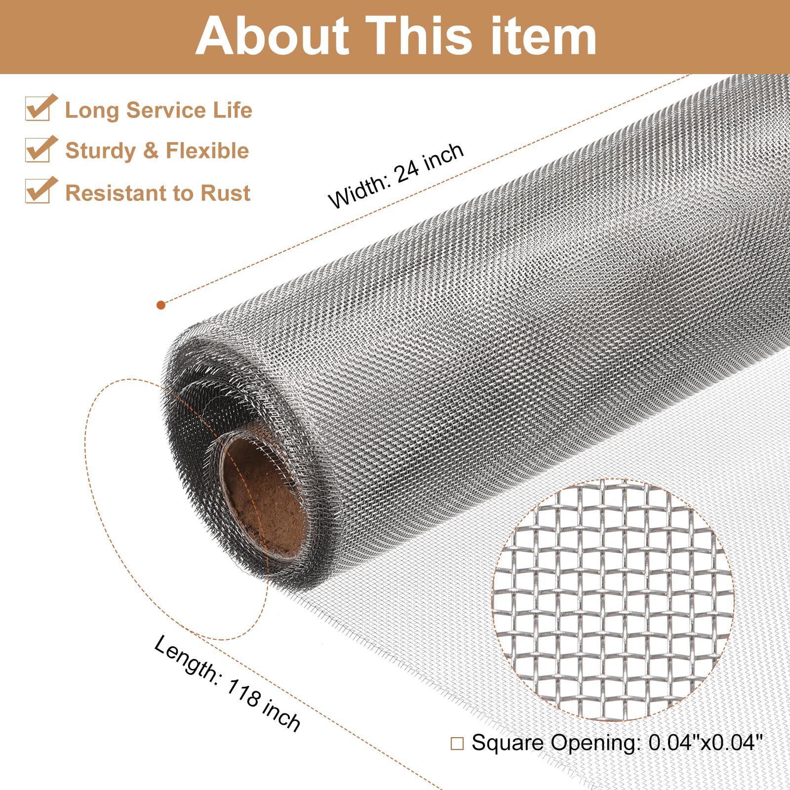 uxcell 20 Mesh 304 Stainless Steel Woven Wire Mesh Screen, 118 inch x 24 inch Hard and Heat Resisting Wire Mesh for Wall, Hole, Garden, DIY Project, Never Rust, Easy to Cut