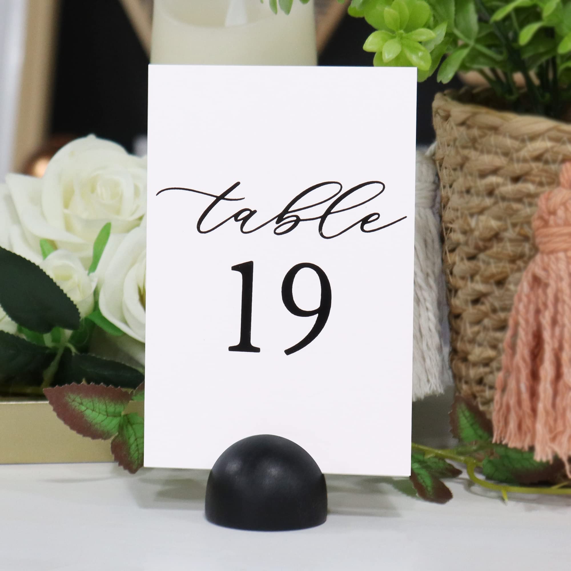 Hanna Roberts Modern Cursive Table Number Card Stock Signs with Round Stand for Wedding Reception, Restaurant, Event Party, 4" x 6" (Set of 10, 11-20, Black)