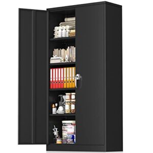 greenvelly storage cabinet, 72” black garage steel locking cabinet with doors and 4 adjustable shelves, tall lockable file &tool cabinet for home office, metal classroom cabinet basement