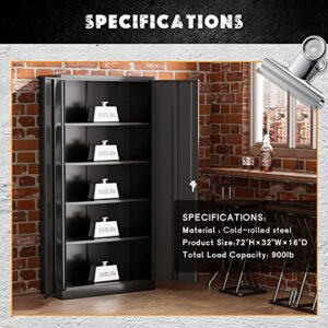 Greenvelly Storage Cabinet, 72” Black Garage Steel Locking Cabinet with Doors and 4 Adjustable Shelves, Tall Lockable File &Tool Cabinet for Home Office, Metal Classroom Cabinet Basement