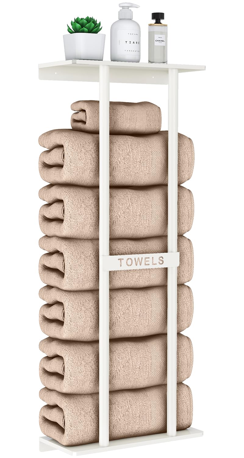 Wall Towel Rack for Rolled Towels, STWWO Towel Storage for Small Bathroom Can Holds 6 Large Towels, 30 inch Towel Racks with Shelf, White