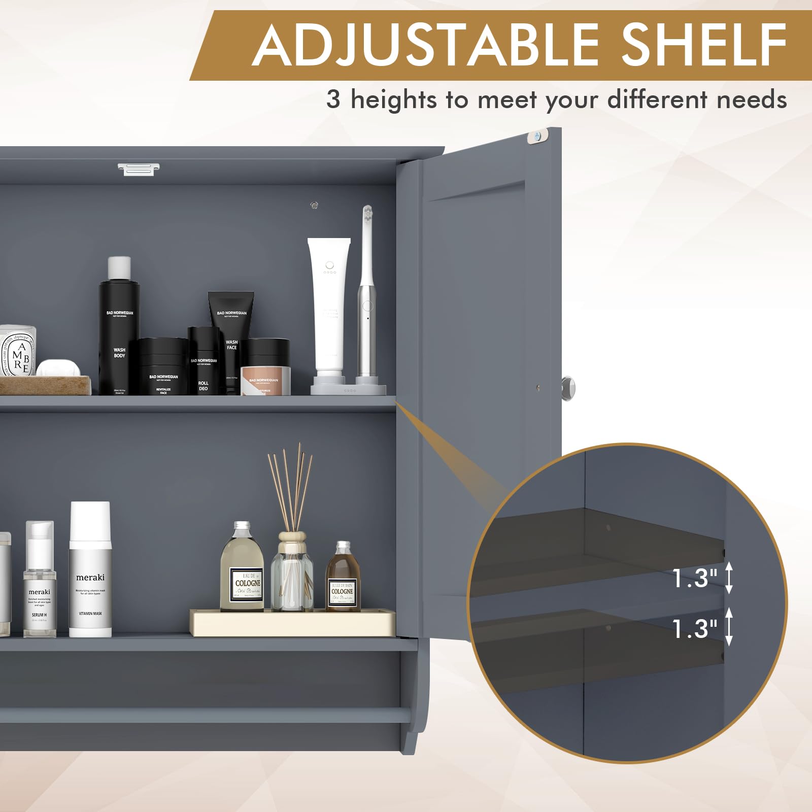 Tangkula Bathroom Cabinet Wall Mounted, Bathroom Medicine Cabinet with Bar&Double Door&Adjustable Shelf, Over The Toilet Storage Cabinet, Hanging Cabinet for Bathroom Laundry Kitchen (Gray)