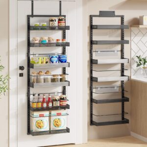 pokipo over the door pantry organizer, 6-tier large wall mounted storage spice rack, 2 in 1 heavy-duty metal adjustable hanging baskets for pantry, bedroom, bathroom, living room, kitchen