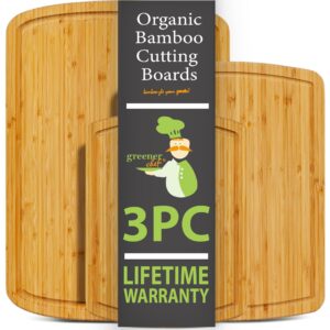 organic bamboo cutting board set of 3 with lifetime replacements - wood cutting board set with juice groove - wooden chopping board set for kitchen, meat and cheese - single tone