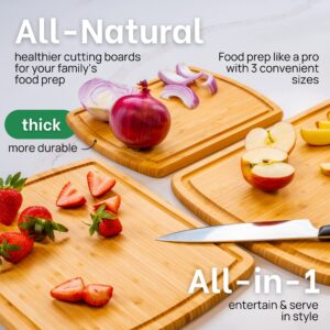 Organic Bamboo Cutting Board Set of 3 with Lifetime Replacements - Wood Cutting Board Set with Juice Groove - Wooden Chopping board Set for Kitchen, Meat and Cheese - Single Tone