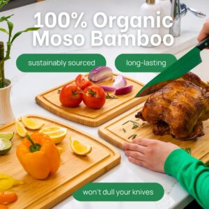 Organic Bamboo Cutting Board Set of 3 with Lifetime Replacements - Wood Cutting Board Set with Juice Groove - Wooden Chopping board Set for Kitchen, Meat and Cheese - Single Tone