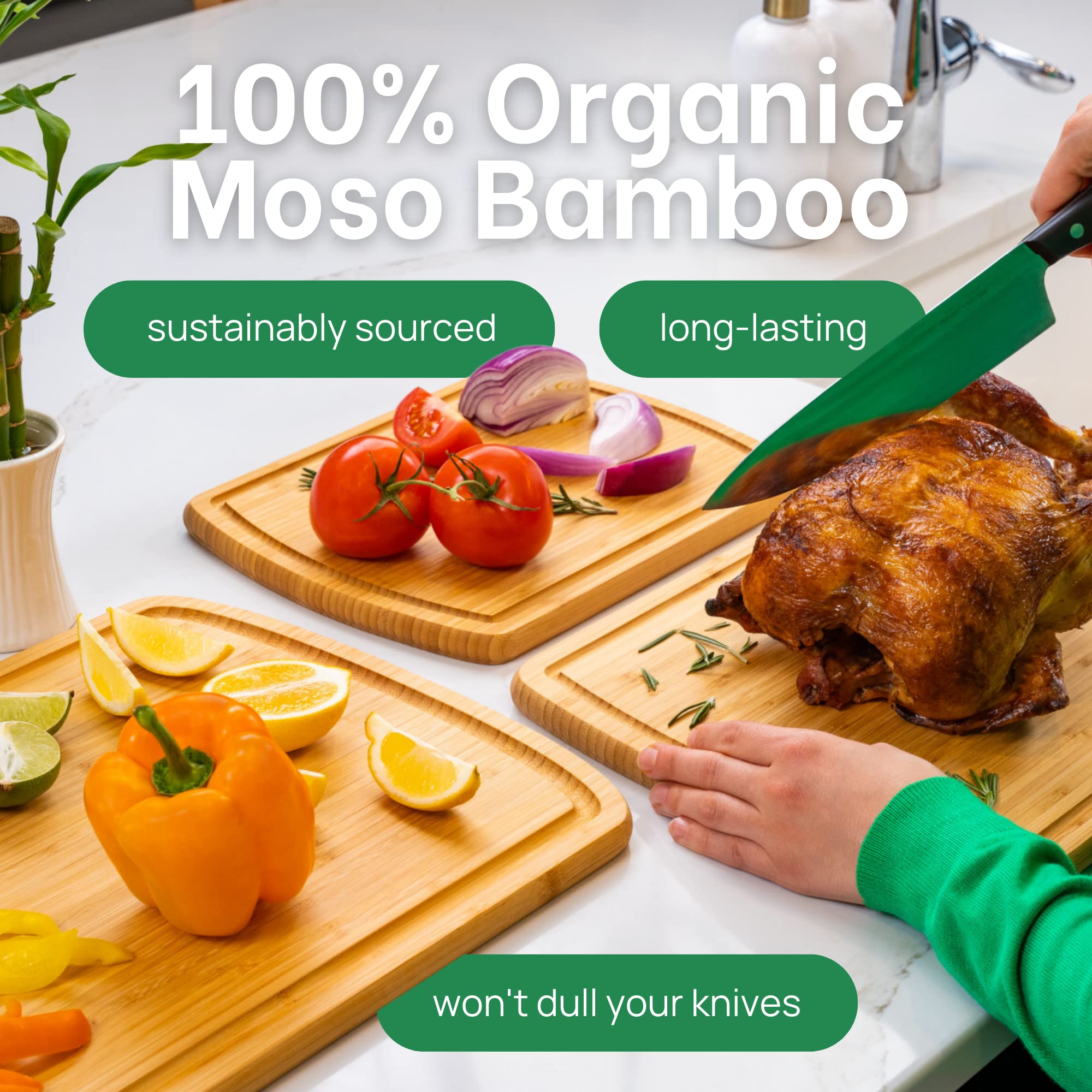 Organic Bamboo Cutting Board Set of 3 with Lifetime Replacements - Wood Cutting Board Set with Juice Groove - Wooden Chopping board Set for Kitchen, Meat and Cheese - Single Tone