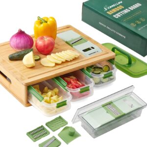 comellow bamboo cutting board with containers - large wood cutting board with stackable containers and locking lid - chopping board with built-in graters - house warming kitchen gifts new home