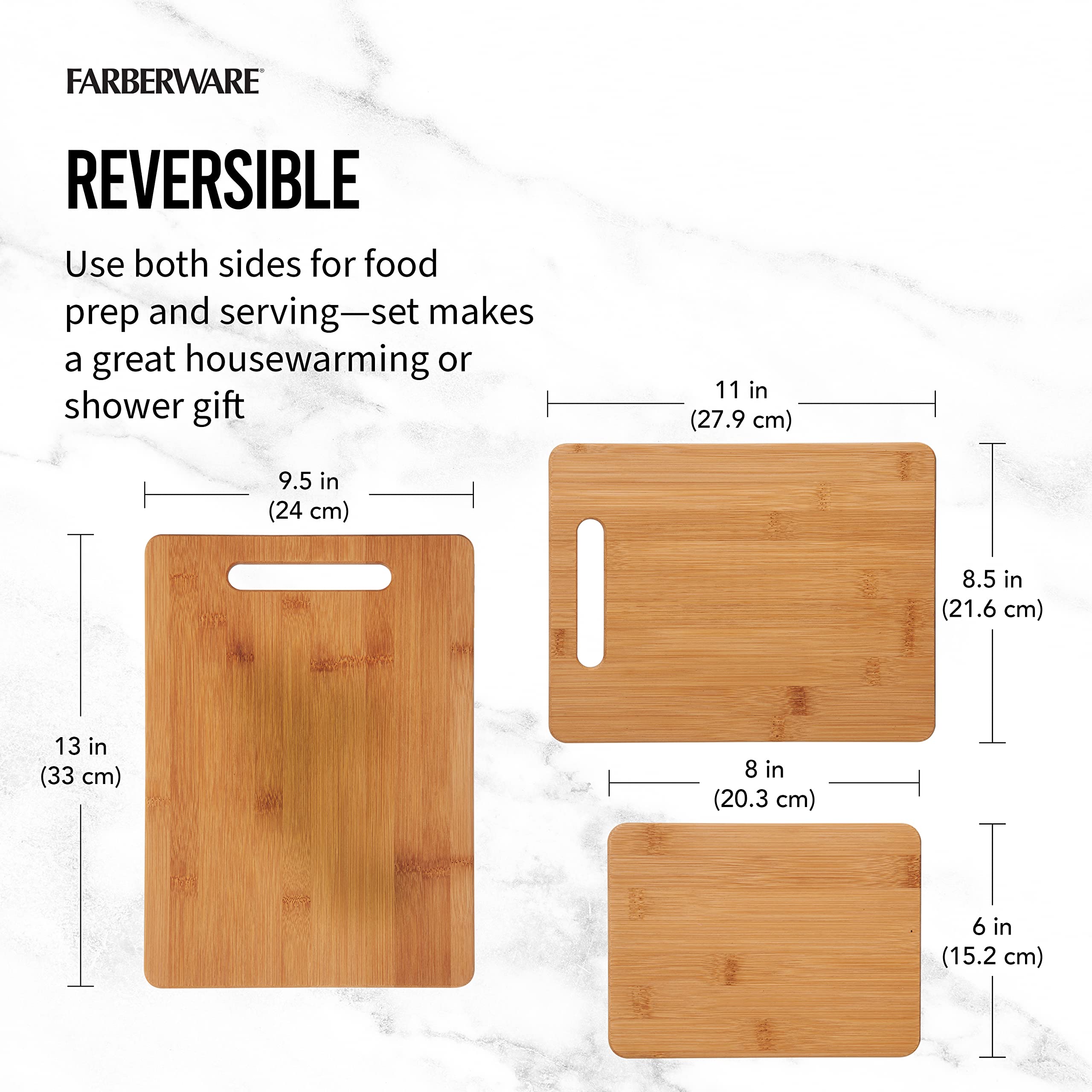 Farberware 3-Piece Wood Cutting Board Set, Reversible Chopping Boards for Meal Prep and Serving, Charcuterie Boards, Wooden Cutting Boards with Built-in Handles, Set of 3 Assorted Sizes, Bamboo