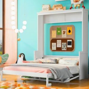 brabrety versatile wooden queen size murphy bed with storage shelf,for small spaces apartments studio guest room use (queen, white@shelf)