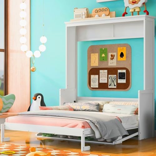 Brabrety Versatile Wooden Queen Size Murphy Bed with Storage Shelf,for Small Spaces Apartments Studio Guest Room Use (Queen, White@Shelf)