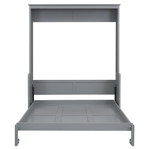 HBRR Queen Murphy Bed Chest, Versatile Cabinet BedFrame for Guest Room Home Office, Space-Saving, No Box Spring Needed, Gray w/Storage Shelf