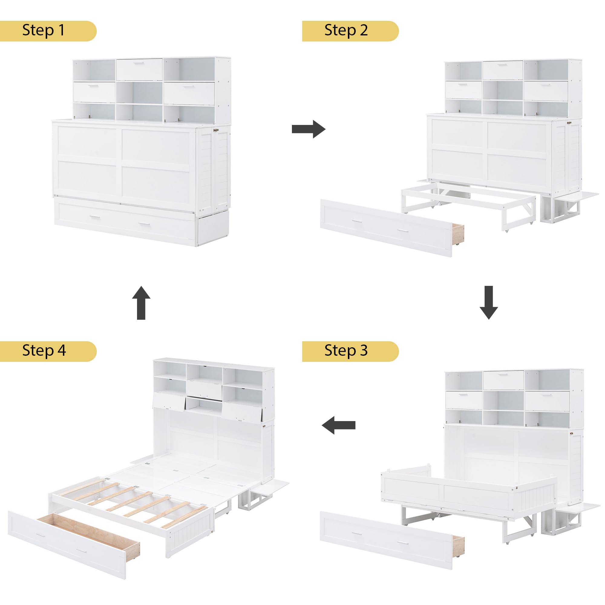 Murphy Bed Queen with Bookcase Headboard ,Wooden Murphy Bed Cabinet with Bedside Shelves and a Big Drawer, Easy Fold Modern Murphy Cube Wall Bed for Guest Room Home Office, White