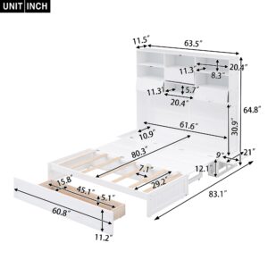 Murphy Bed Queen with Bookcase Headboard ,Wooden Murphy Bed Cabinet with Bedside Shelves and a Big Drawer, Easy Fold Modern Murphy Cube Wall Bed for Guest Room Home Office, White