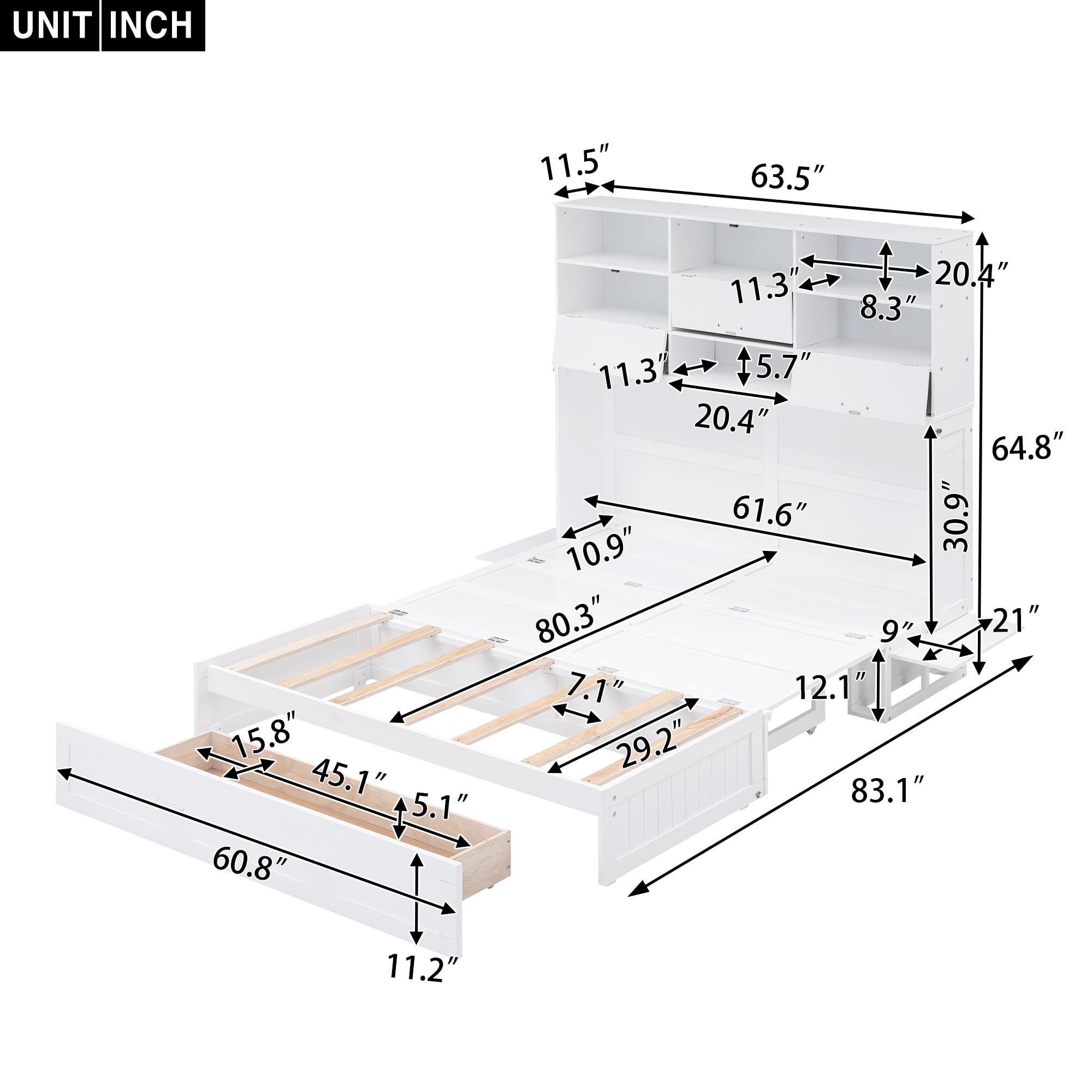 Murphy Bed Queen with Bookcase Headboard ,Wooden Murphy Bed Cabinet with Bedside Shelves and a Big Drawer, Easy Fold Modern Murphy Cube Wall Bed for Guest Room Home Office, White