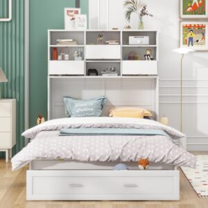 Murphy Bed Queen with Bookcase Headboard ,Wooden Murphy Bed Cabinet with Bedside Shelves and a Big Drawer, Easy Fold Modern Murphy Cube Wall Bed for Guest Room Home Office, White