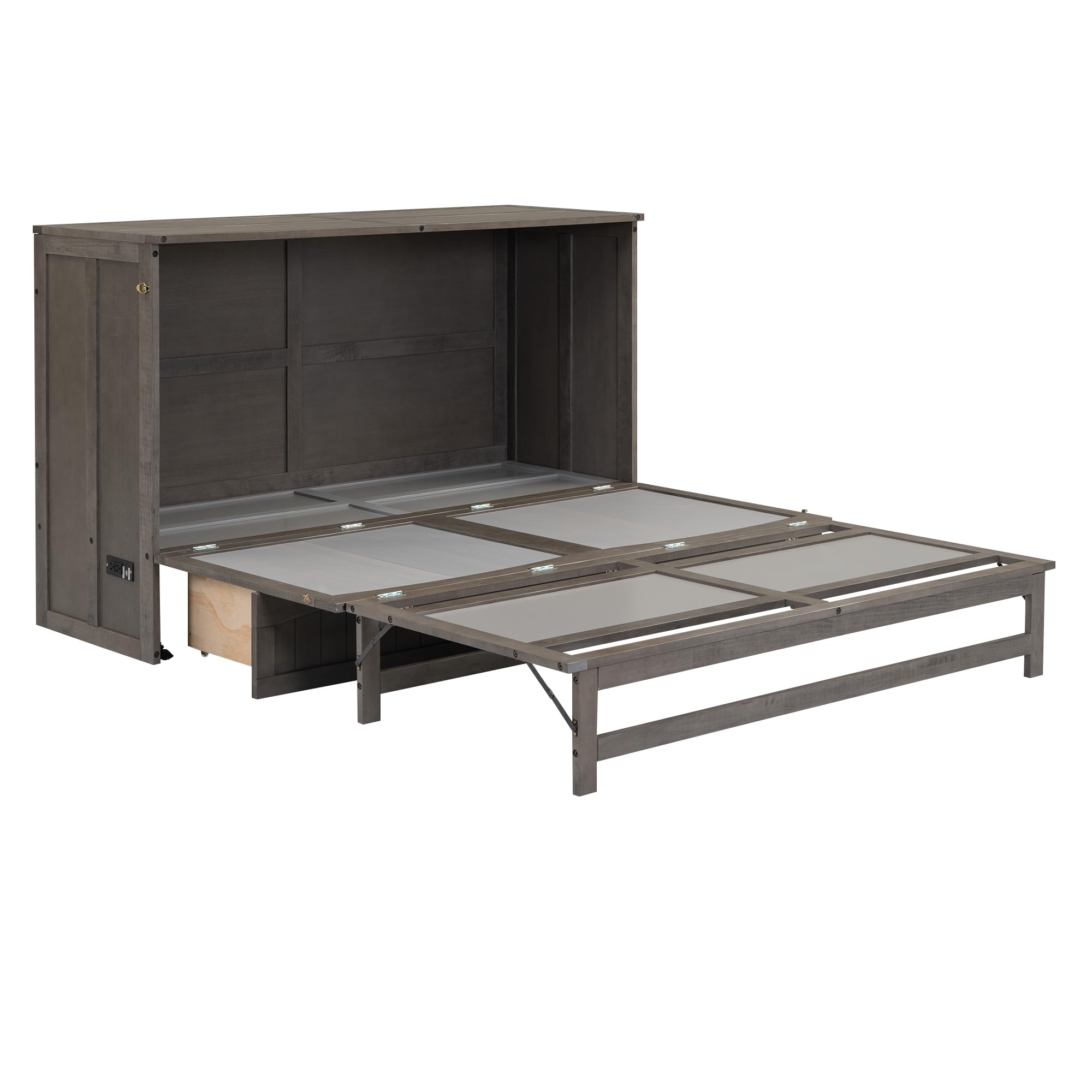 Bellemave Murphy Cube Queen Cabinet Beds with Charging Station and A Storage Drawer, Wood Foldable Queen Size Platform Bed Frame for Home Office Studio, Antique Gray