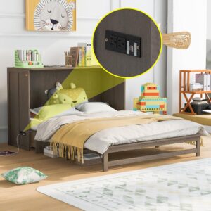 queen size murphy bed with frame for boys girls kids adults toddler built-in charging station, antique grey