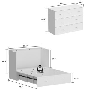 ECACAD Multi-Functional Night & Day Furniture Murphy Cabinet Bed, Full Size Bed Frame Murphy Bed Chest with Built-in Power Strip & 3 Drawers, Full Foldable Platform Bed, White