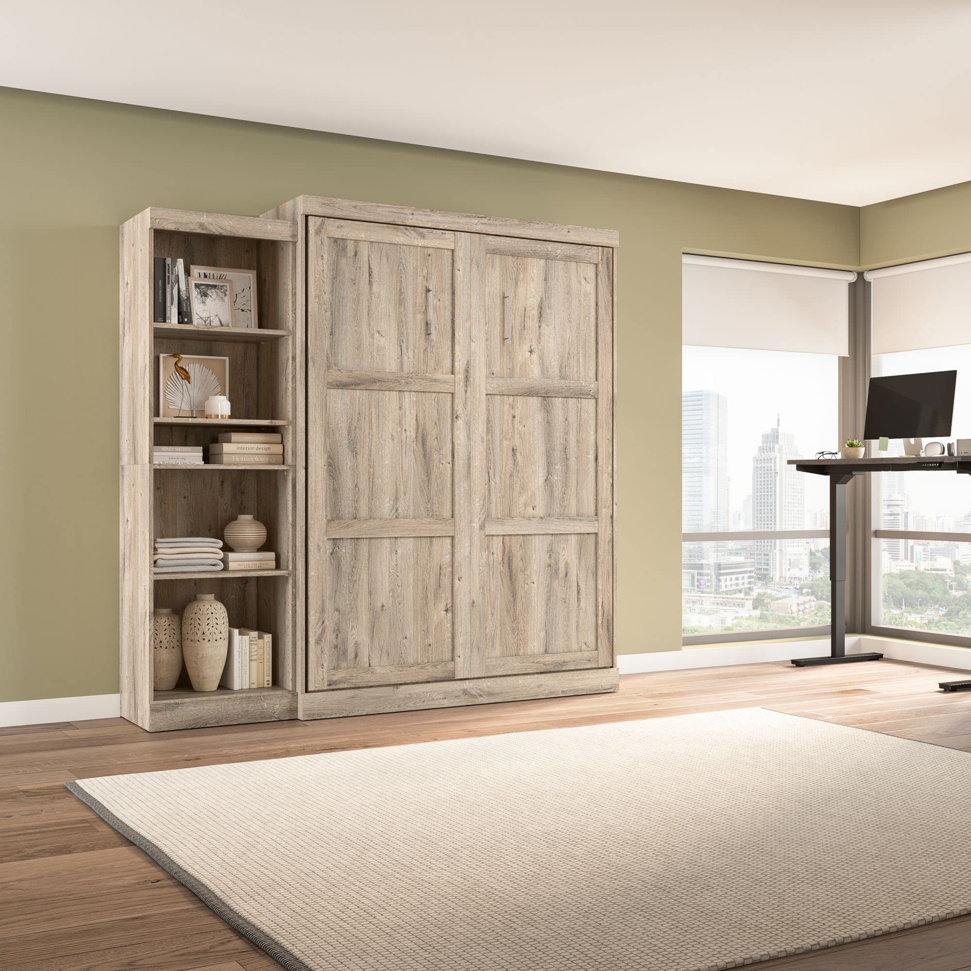 Bestar Pur Queen Murphy Bed and Shelving Unit with Drawers, 90-inch Space-Saving Sleeping Arrangement in Rustic Brown