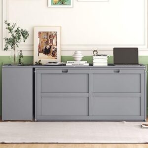 bovza queen size rotable desk and storage drawers, murphy cube cabinet bed for small spaces, gray