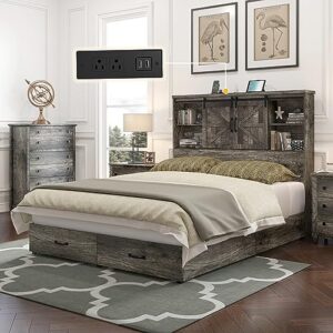 howe queen size wood platform bed frame with 51.2" bookcase headboard, storage bed with sliding barn door charging station 2 drawers, no box spring needed/noise free/farmhouse/rustic grey