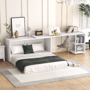 murphy bed with rotable desk,queen size space-saving platform bed frame with storage desk for bedroom,easy to assembly, no need spring box (white)