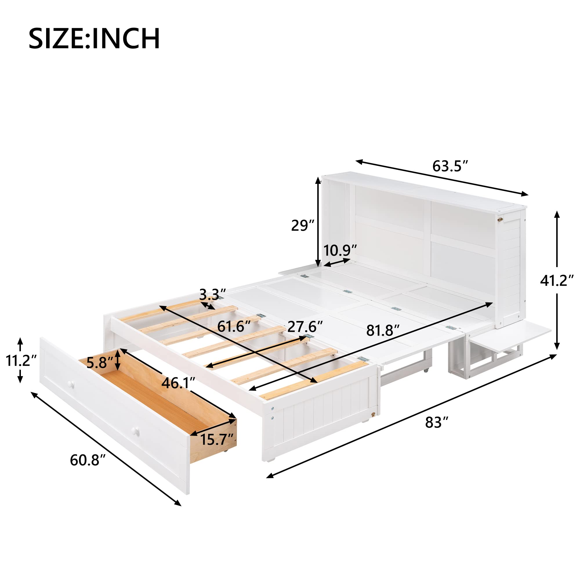 BIADNBZ Queen Size Murphy Bed with Drawer and Little Shelves on Each Side, Wood Versatile Bedframe for Bedroom Guest Room Office, White