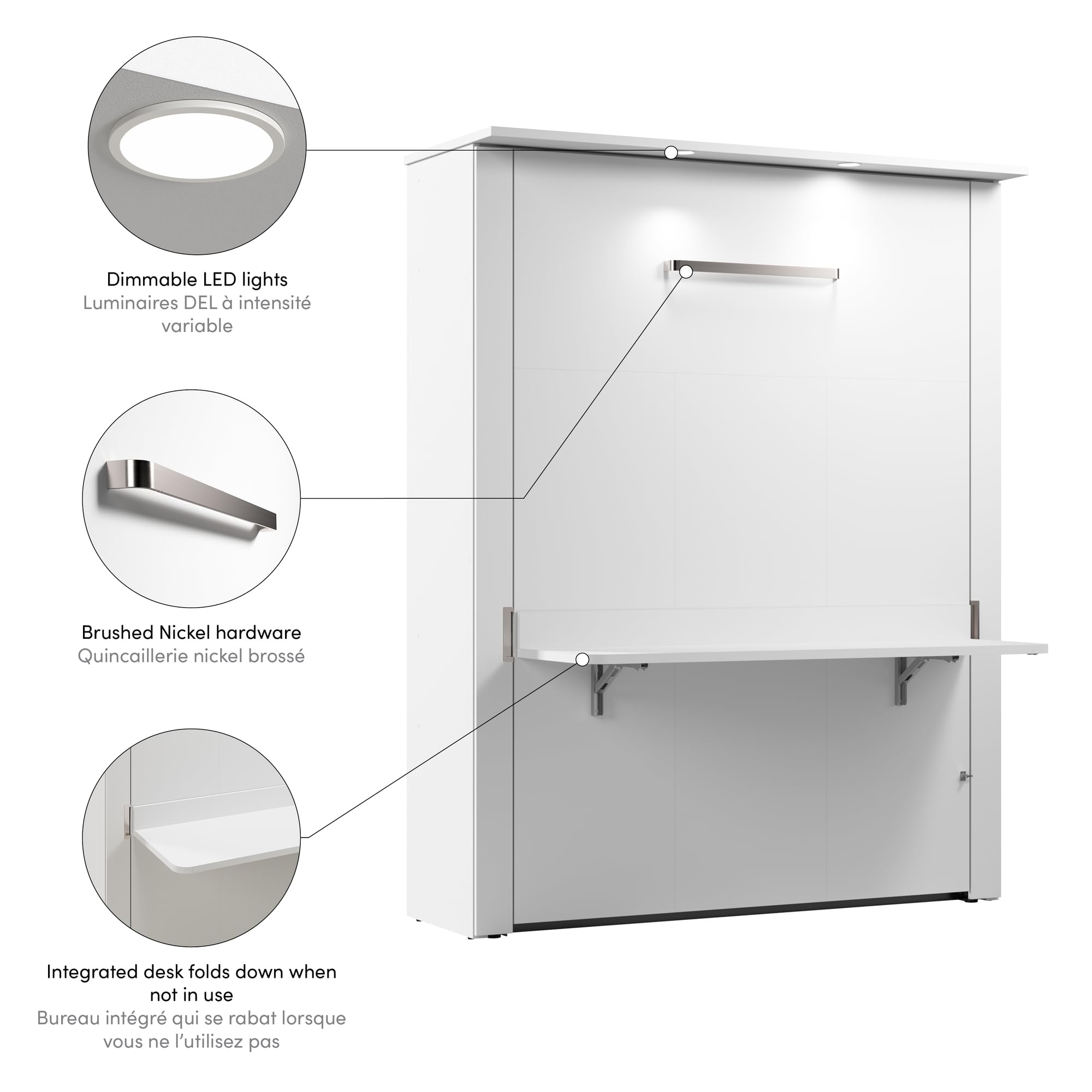 Bestar Lumina 68W Queen Murphy Bed with Desk in White, Sleeping Arrangement for Guest Room and Home Office