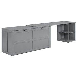 Livavege Queen Size, Space-Saving Hidden Rotatable Desk and Storage Shelves, 3 in 1 Floor Murphy Bed Cabinet for Multipurpose Guest Room Home Office, Grey