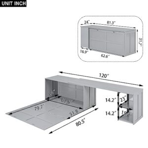 Livavege Queen Size, Space-Saving Hidden Rotatable Desk and Storage Shelves, 3 in 1 Floor Murphy Bed Cabinet for Multipurpose Guest Room Home Office, Grey