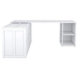 Livavege Queen Size, Space-Saving Hidden Rotatable Desk and Storage Shelves, 3 in 1 Floor Murphy Bed Cabinet for Multipurpose Guest Room Home Office, White