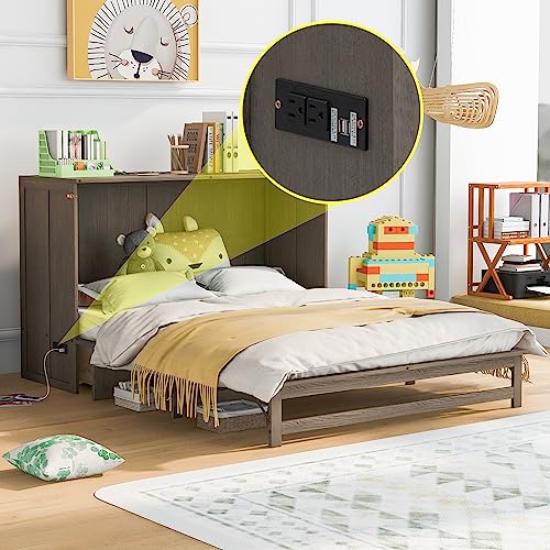 DHPM Queen Size Mobile Murphy Bed Chest with Built-in Charging Station and Big Storage Drawer, Traditional Solid Wood Murphy Cube Cabinet Bed Platform Bed for Small Room Guest Room Office