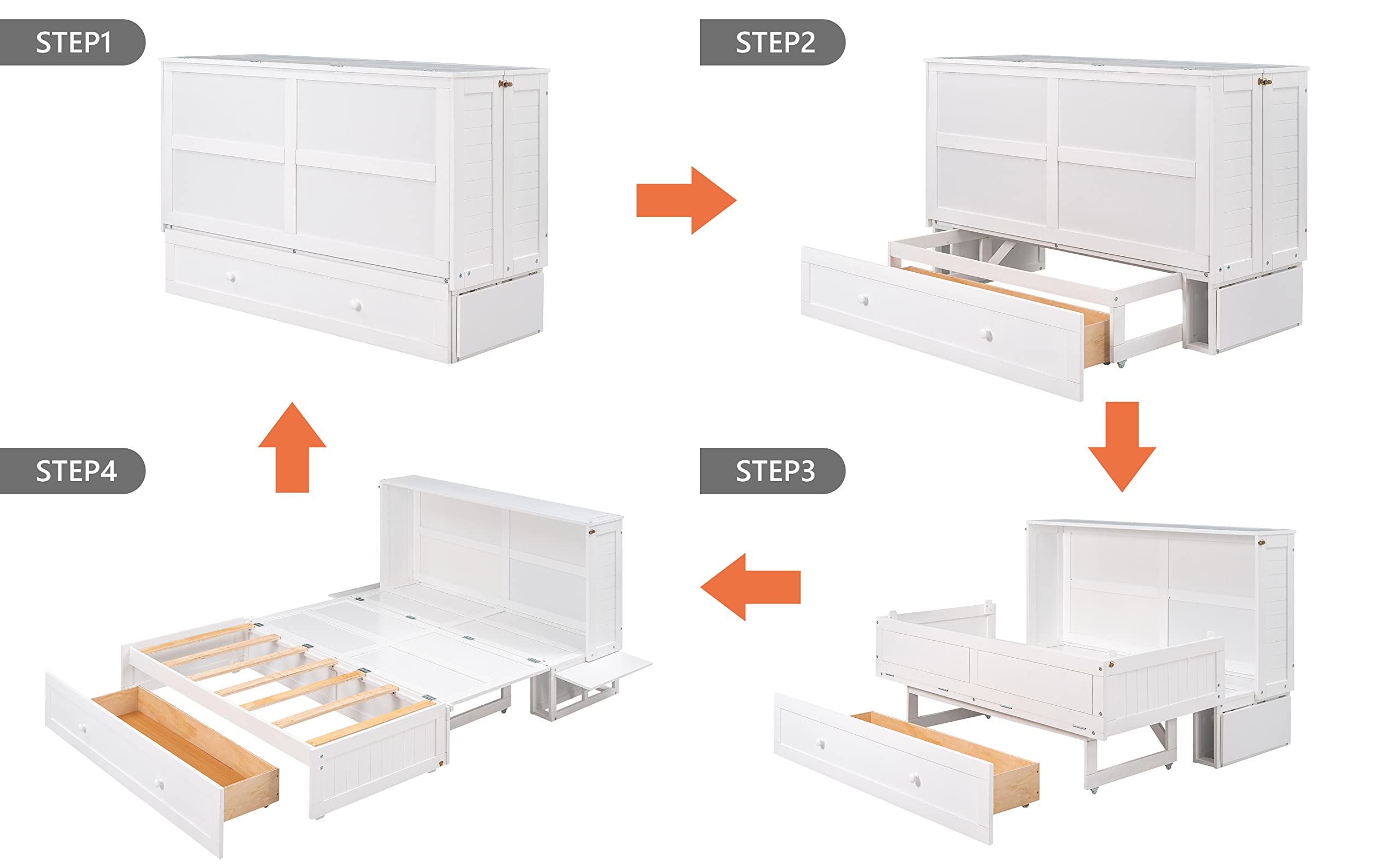 P PURLOVE Queen Murphy Bed with Built-in Charging Sport,Queen Size Mobile Murphy Bed Cabinet with Drawer and Little Shelves on Each Side,Folding Murphy Bed for Apartment/Living Room