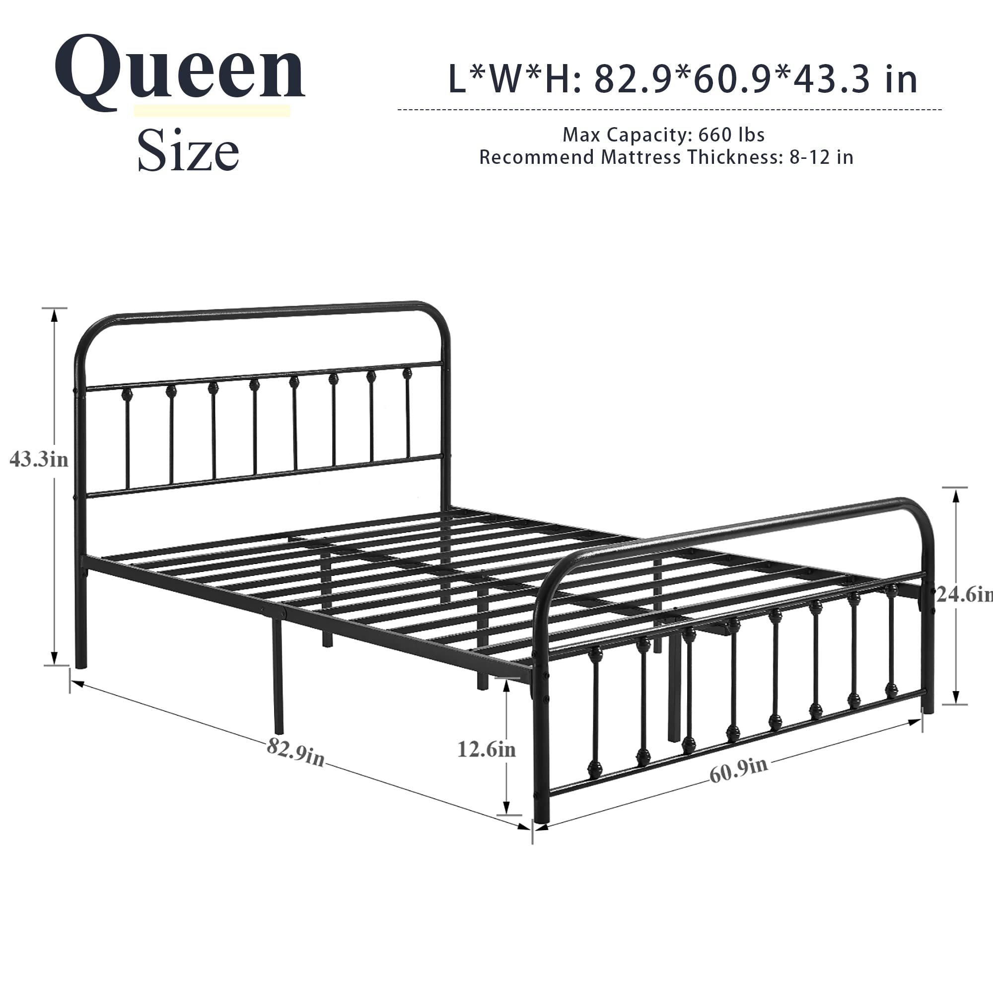 VECELO Metal Platform Bed Frame, Mattress Foundation with Headboard & Footboard,No Box Spring Needed,Queen Size