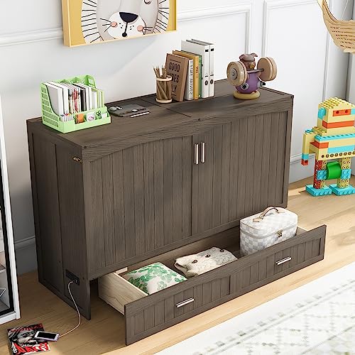 DHHU Murphy Bed Queen Size Cabinet Bed with Built-in Charging Station, Wooden Multipurpose Cabinet Bedframe w/Large Storage Drawer, Save Space Design, No Spring Required Needed