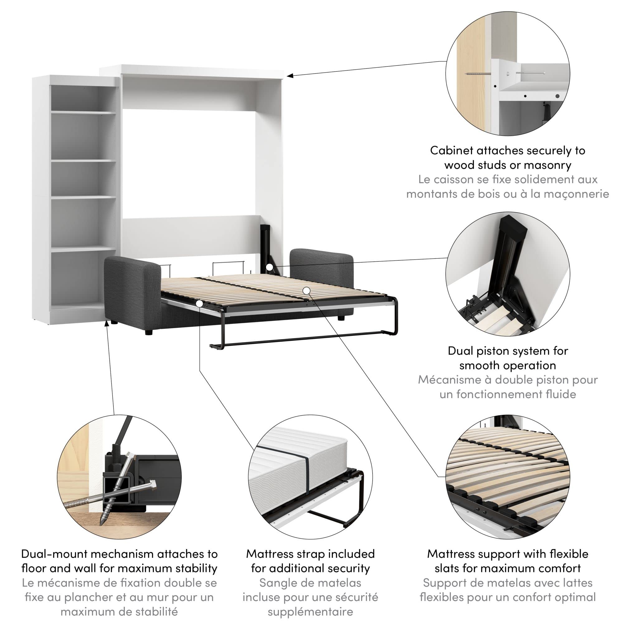 Bestar Pur Queen Murphy Bed with Shelving Unit, Space-Saving Sleeping Arrangement for Multipurpose Room in White