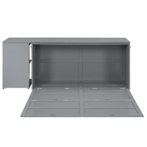 Queen Size Murphy Bed with Rotatable Desk, Queen Floor Bed Frame with Cabinet & Workstation Murphy Bed Cabinet Bed Murphy Bed Queen Hidden Murphy beds Murphy Cube Cabinet Bed （Gray)