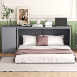 Queen Size Murphy Bed with Rotatable Desk, Queen Floor Bed Frame with Cabinet & Workstation Murphy Bed Cabinet Bed Murphy Bed Queen Hidden Murphy beds Murphy Cube Cabinet Bed （Gray)