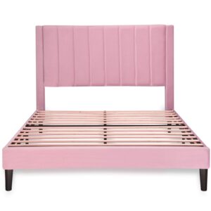 Allewie Queen Bed Frame/Velvet Upholstered Bed Frame with Vertical Channel Tufted Headboard/Strong Wooden Slats/Platform Bed Frame/Mattress Foundation/Box Spring Optional/Easy Assembly/Pink