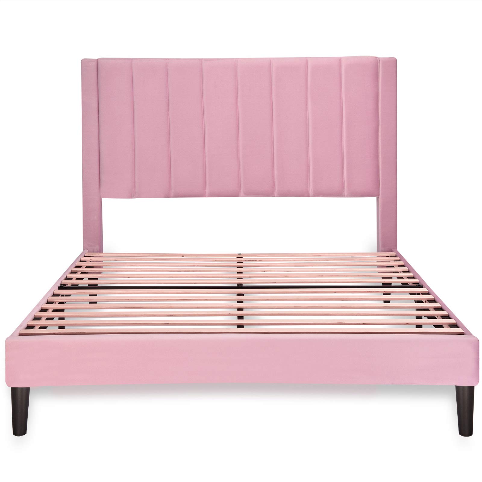 Allewie Queen Bed Frame/Velvet Upholstered Bed Frame with Vertical Channel Tufted Headboard/Strong Wooden Slats/Platform Bed Frame/Mattress Foundation/Box Spring Optional/Easy Assembly/Pink