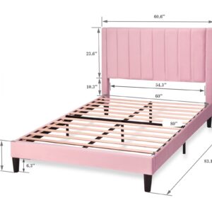 Allewie Queen Bed Frame/Velvet Upholstered Bed Frame with Vertical Channel Tufted Headboard/Strong Wooden Slats/Platform Bed Frame/Mattress Foundation/Box Spring Optional/Easy Assembly/Pink